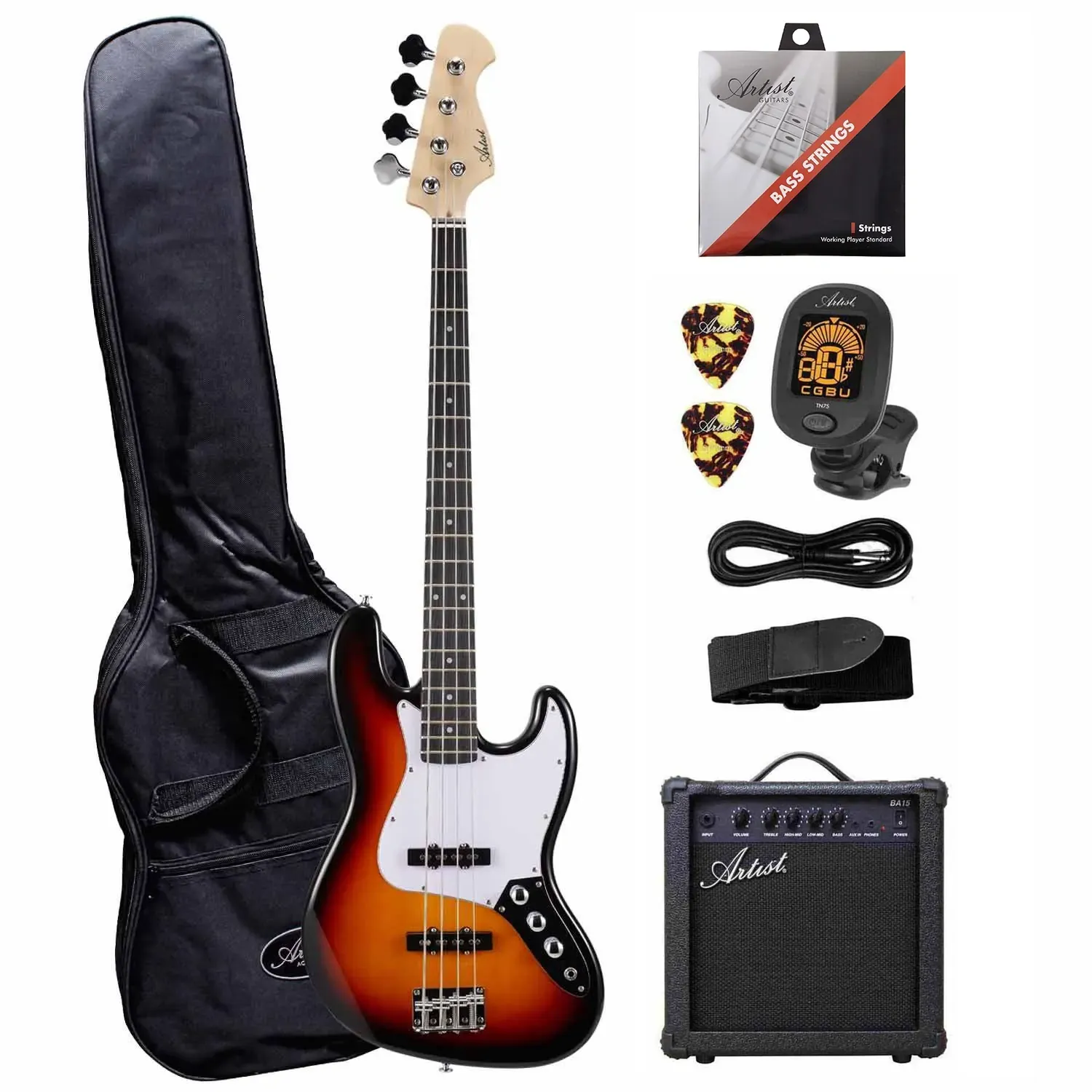 Artist AJB Sunburst Bass Guitar w/ Accessories & AmpAJBSB+A